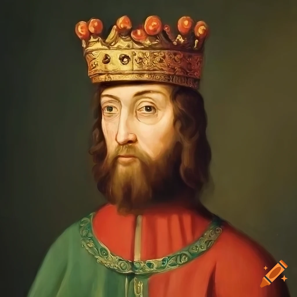 Portrait of a king with brown hair and beard in green and red royal ...