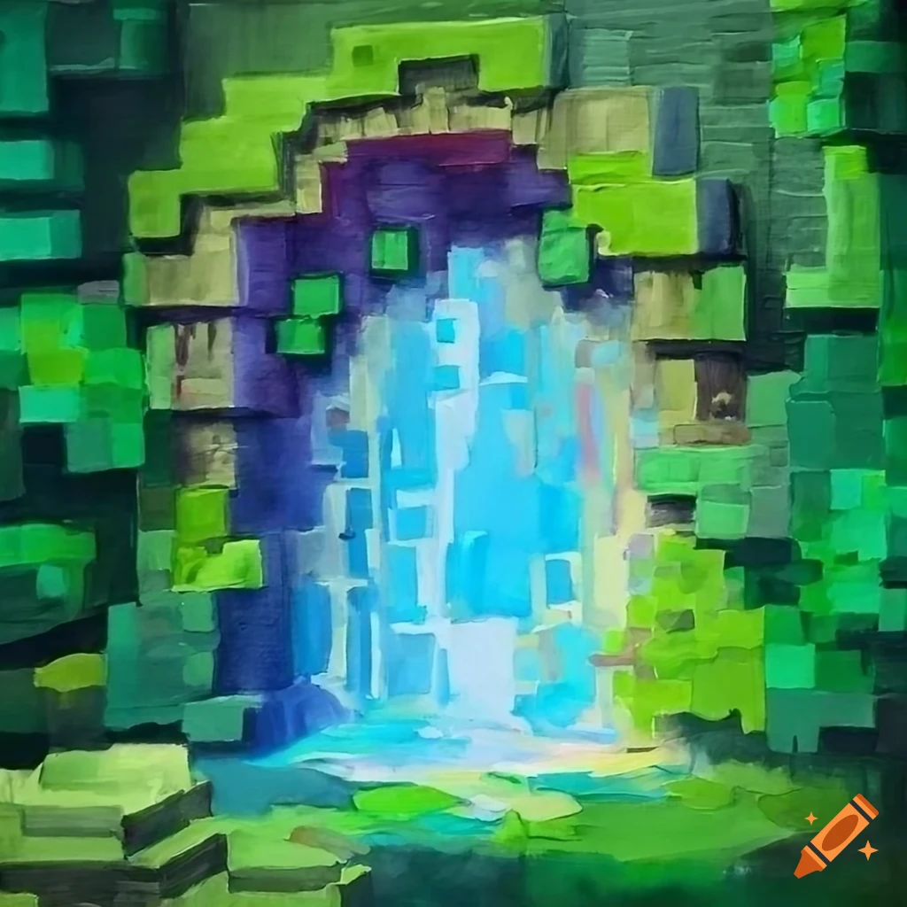 Detailed minecraft portal in lush green surroundings in acrylic oil ...
