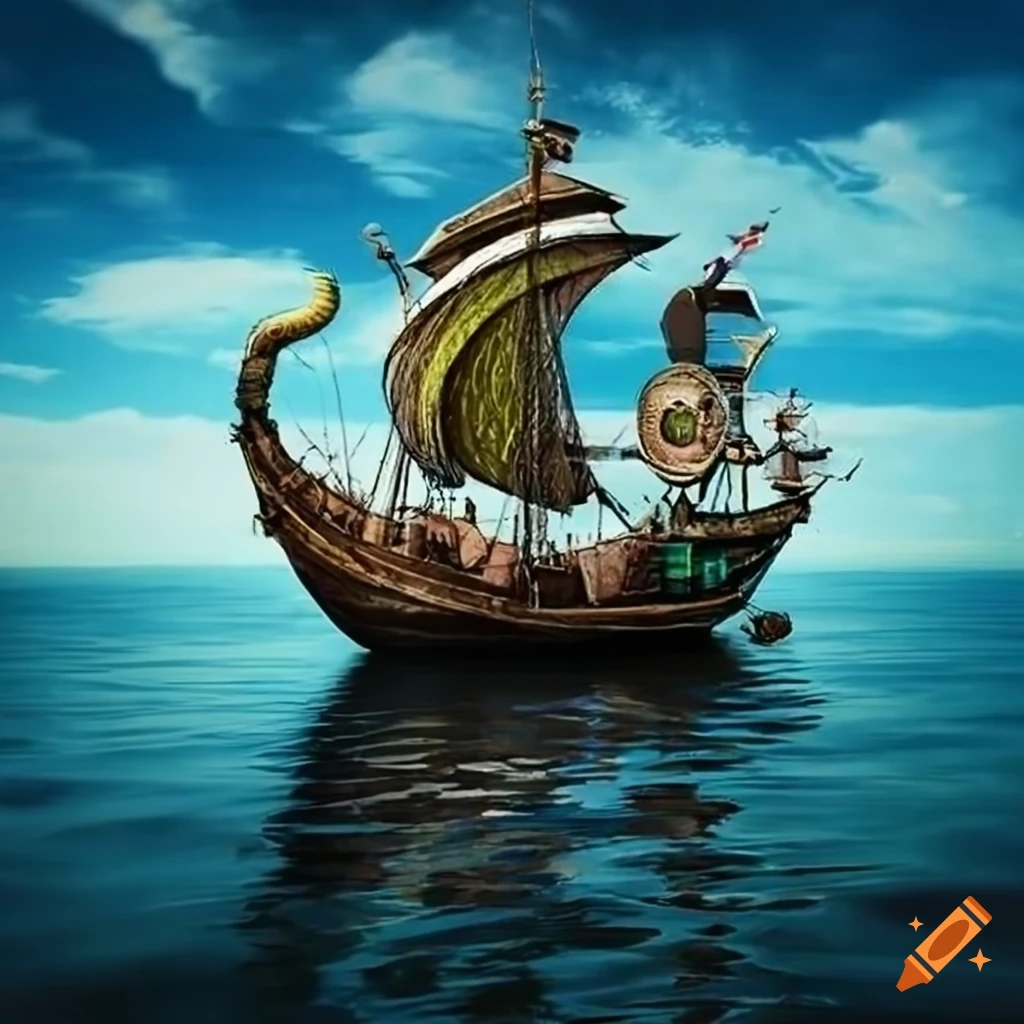 Surreal steampunk giant sailing boat with vegetation, quirky houses ...