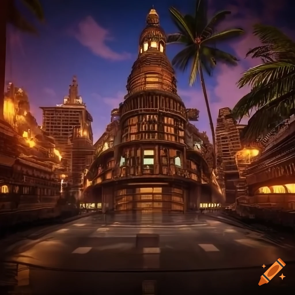 Steampunk Polynesian city with domed roof buildings seen from a tall ...
