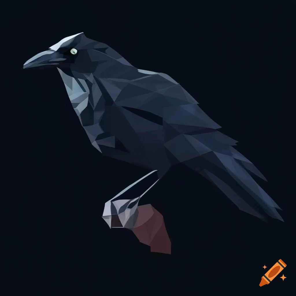 Low-poly artwork of a thoughtful crow in monochrome flat style on Craiyon