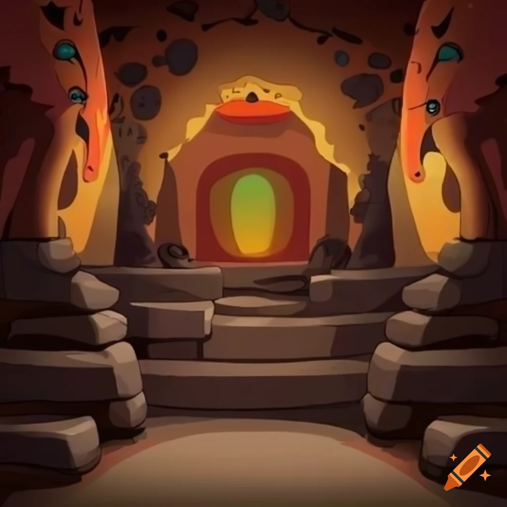 Whimsical cartoon of an ancient cave temple interior on Craiyon