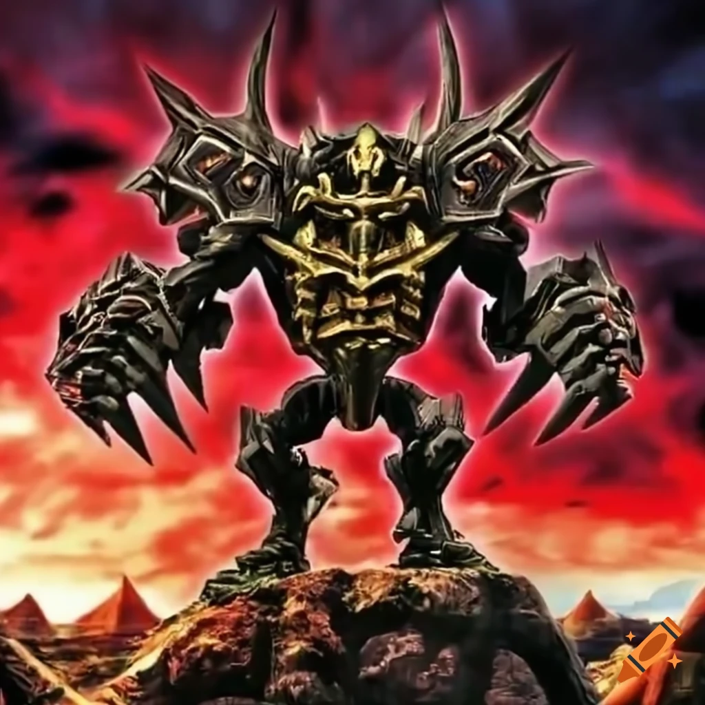 Yu Gi Oh inspired art of a horrifying skeleton kaiju in a red skyed badlands on Craiyon