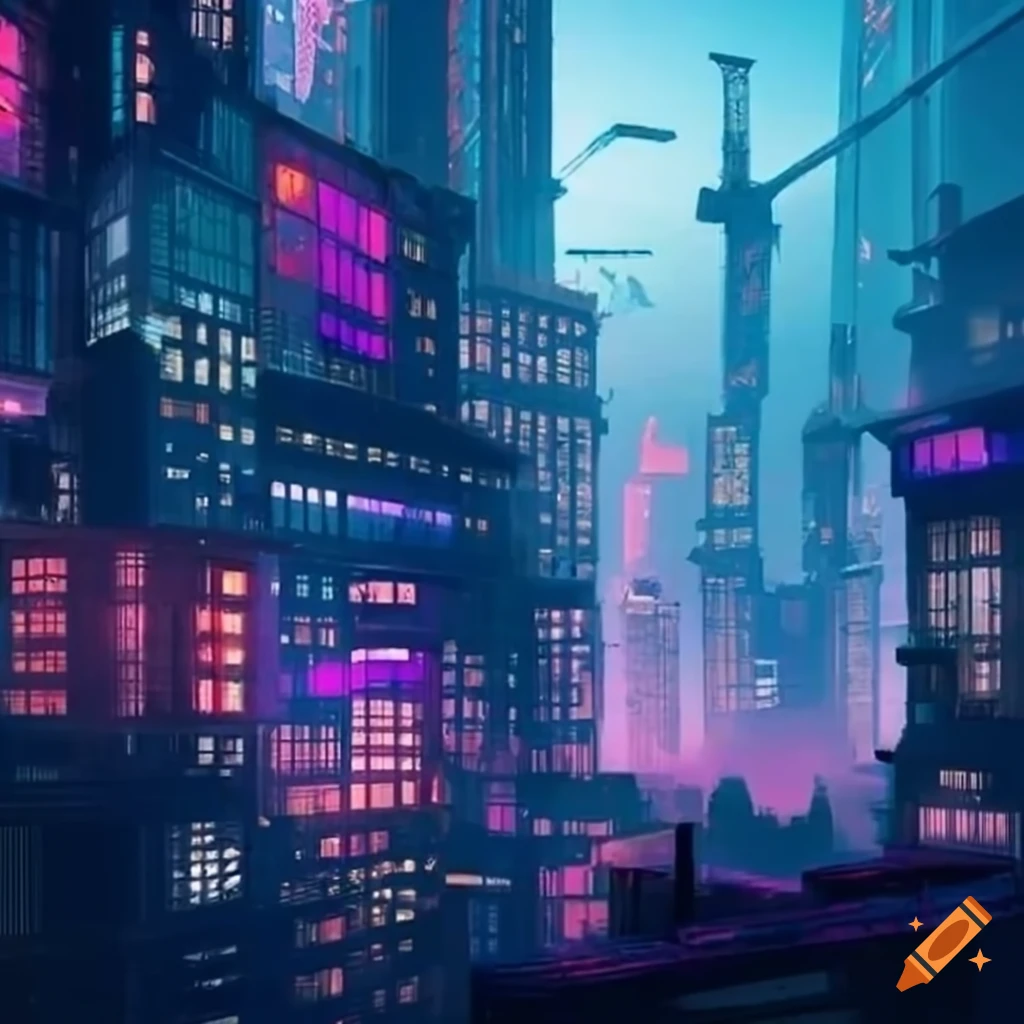 Futuristic cyberpunk city under construction with tower cranes on Craiyon