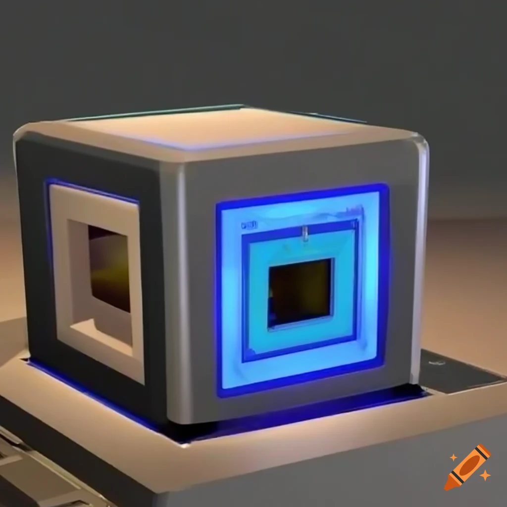 Three-sided mechanical robotic monitor cube with blue-faced flying ...