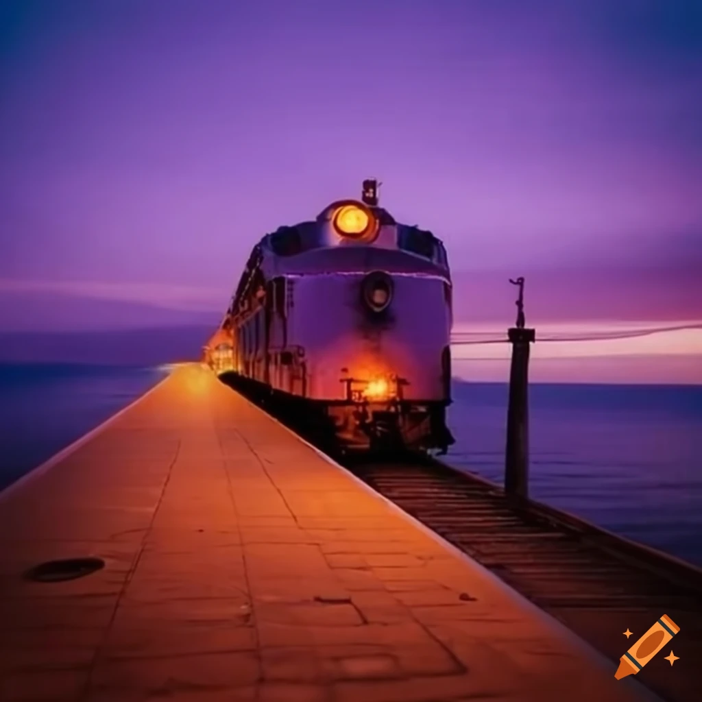 Fancy vintage luxury train by the sea at night on Craiyon