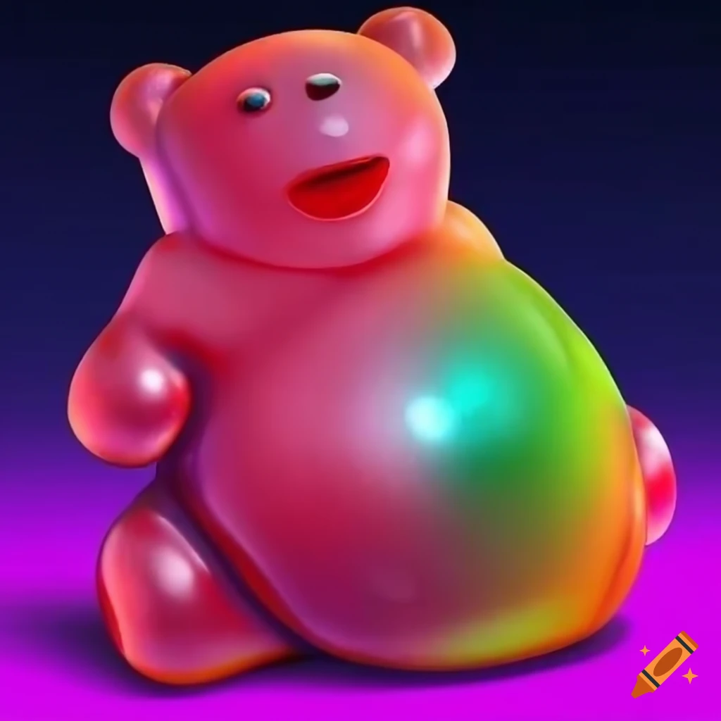Overweight shiny 3D gummy bear in a candyland world rubbing its belly ...