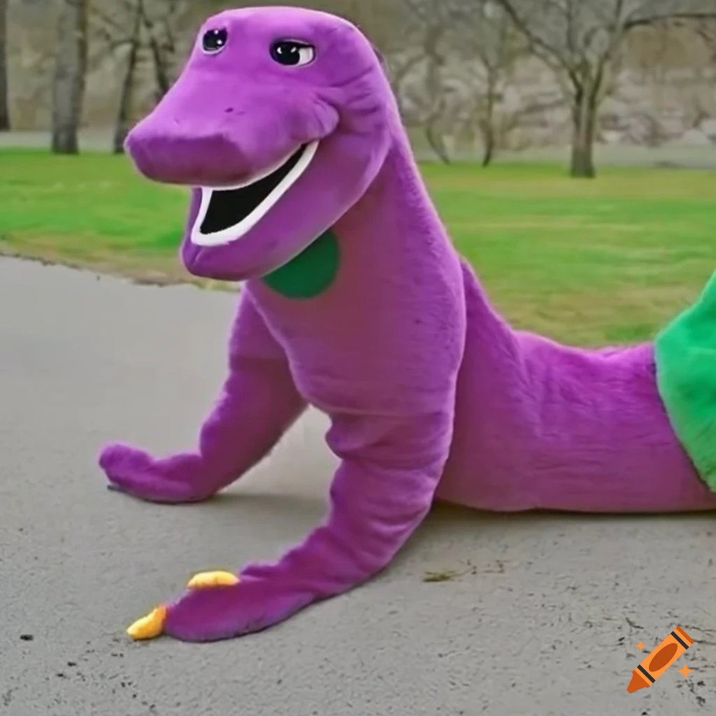 Weasel in full-body barney mascot costume crawling on Craiyon