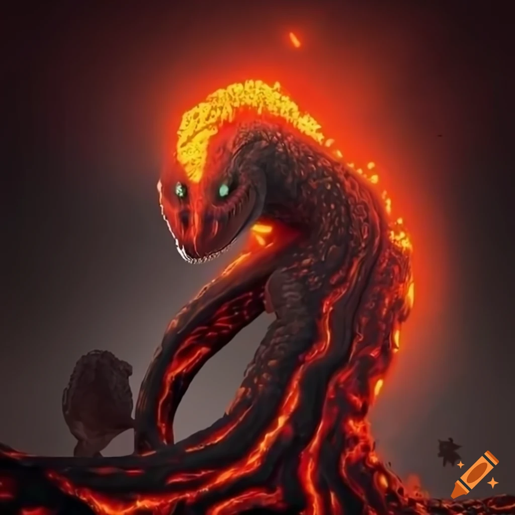 Fantasy reptile surrounded by flowing lava in a digital art on Craiyon