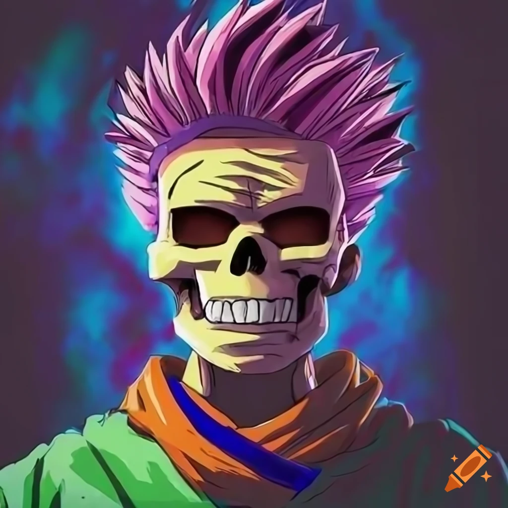 Skeleton face with hair inspired by dragon ball z's trunks, wearing a ...