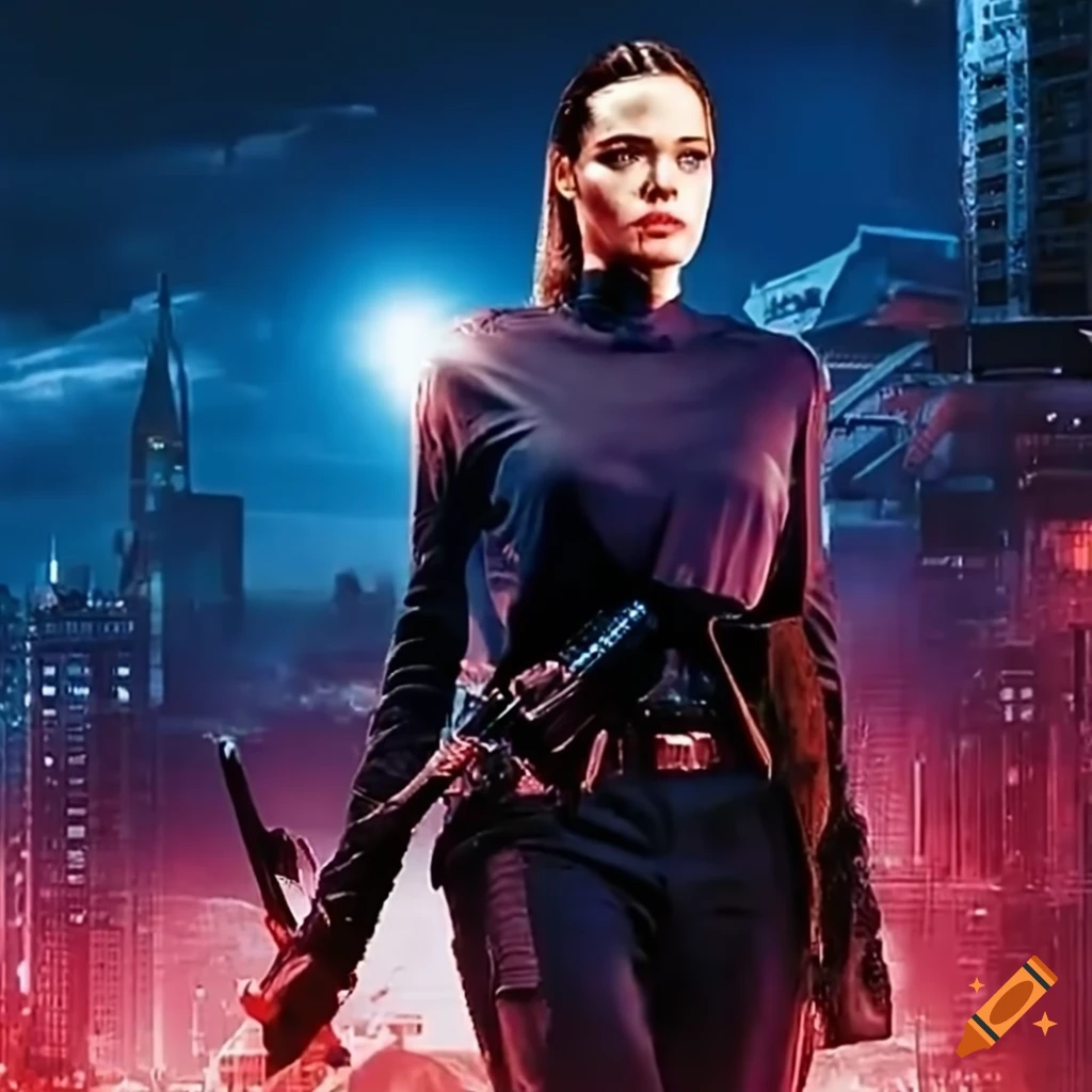 Angelina Jolie in an action-packed scene from a movie on Craiyon