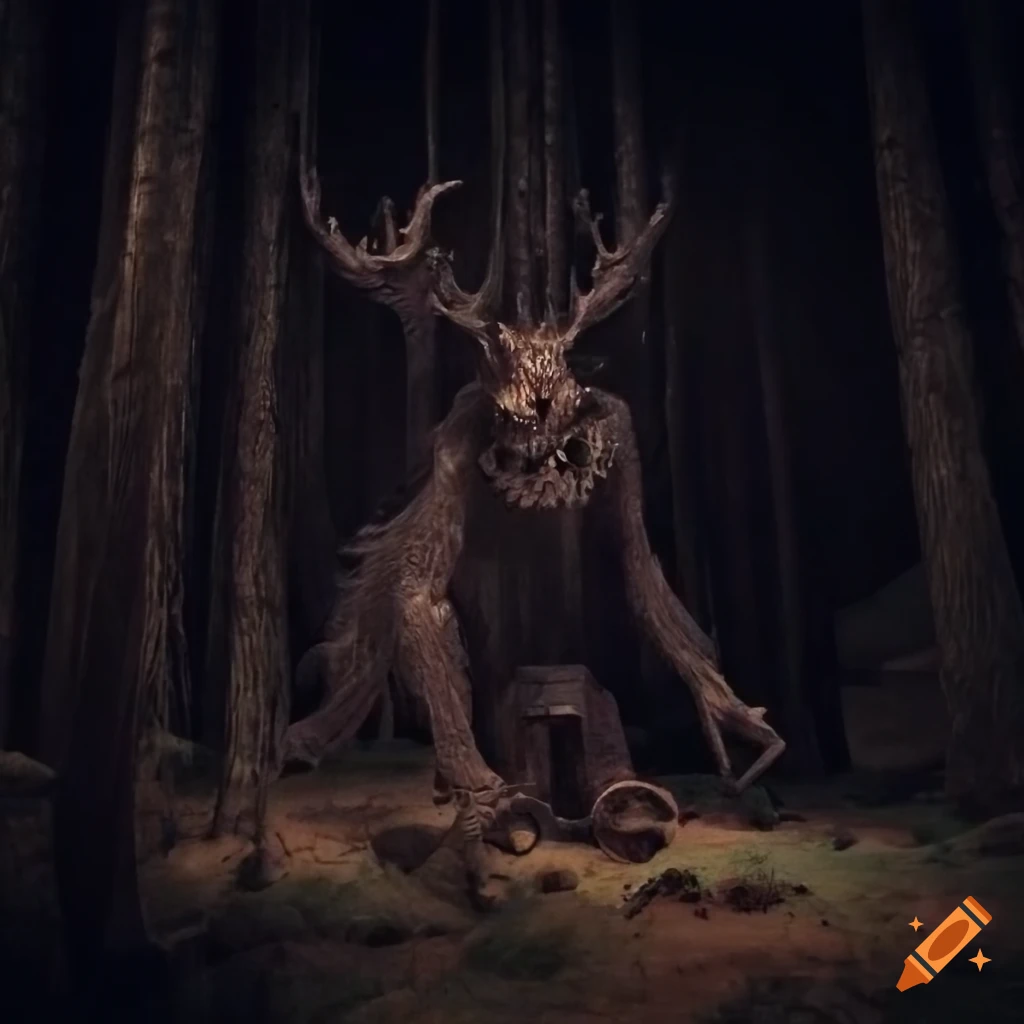 Steampunk wendigo approaching old log cabin in mountainous forest at ...