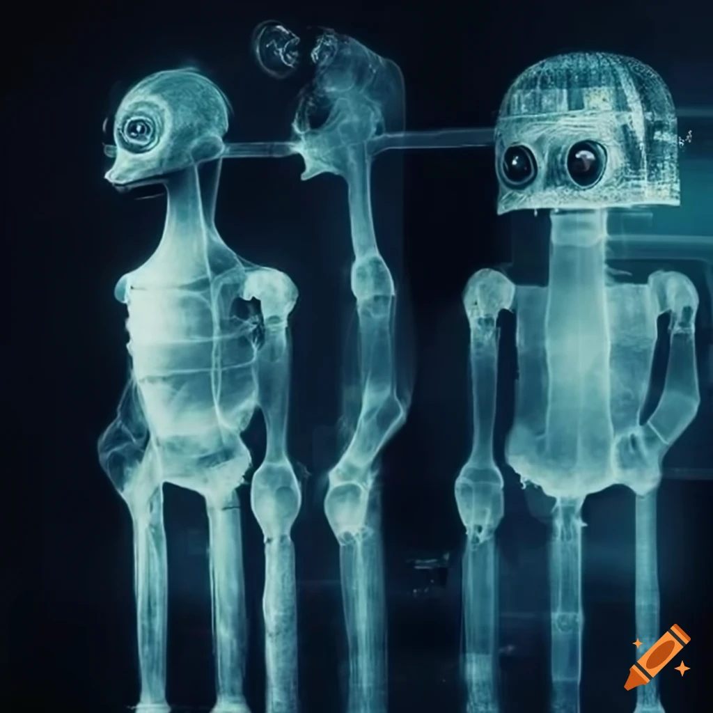 Vintage 1920s x-ray photo of alien robots in an ice cream store on Craiyon