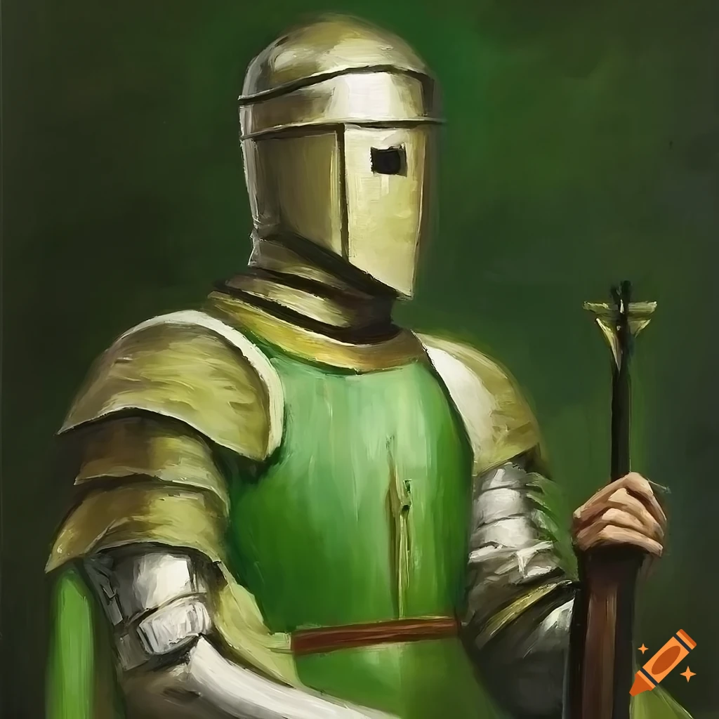 Knight in green attire depicted in classical oil painting style on Craiyon