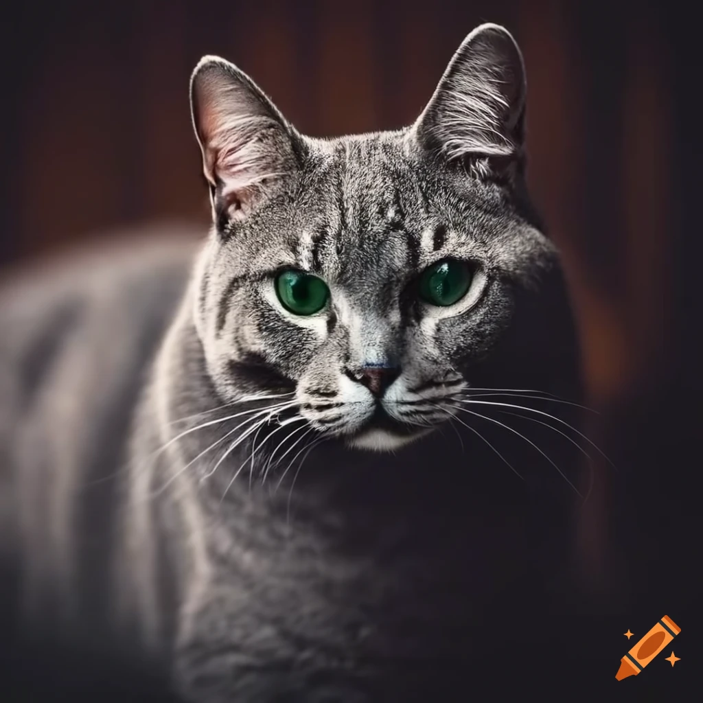 Grey cat named Puma sitting on a couch with dark green eyes on Craiyon