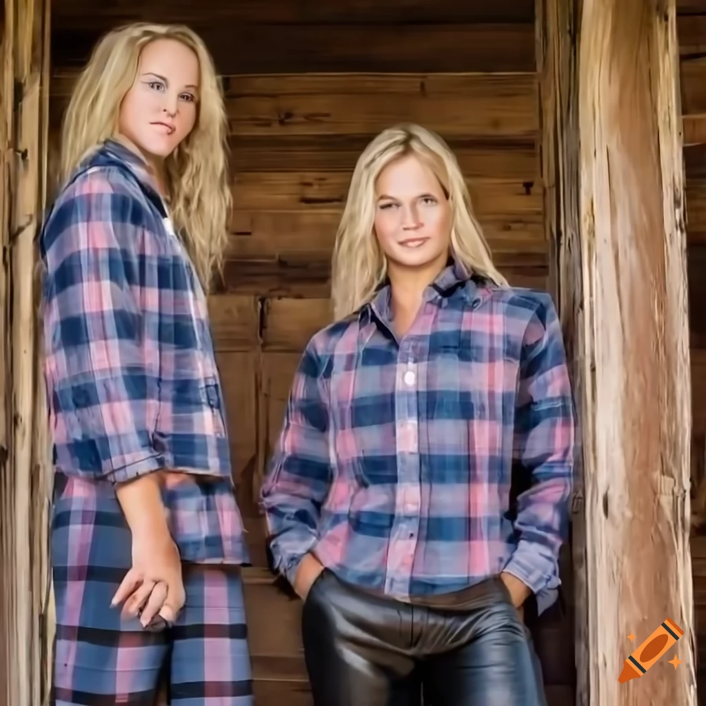 Blonde Twins In Country Plaid Shirts And Black Leather Trousers Peeping