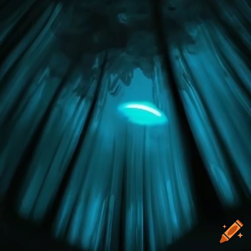 Ufo flying over a forest in an abstract art style on Craiyon