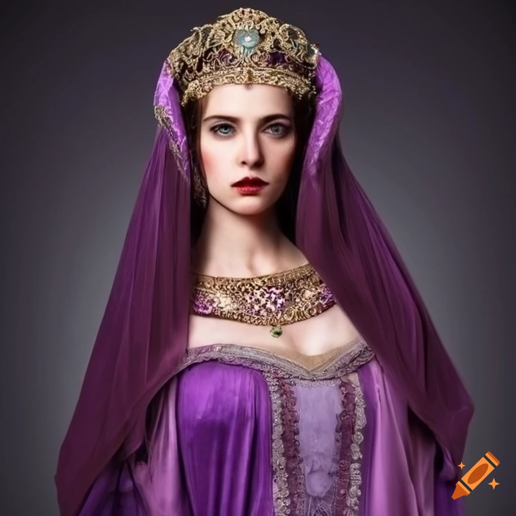 Elegant long-haired brunette woman in a purple Byzantine-inspired gown, stunning portrait on Craiyon