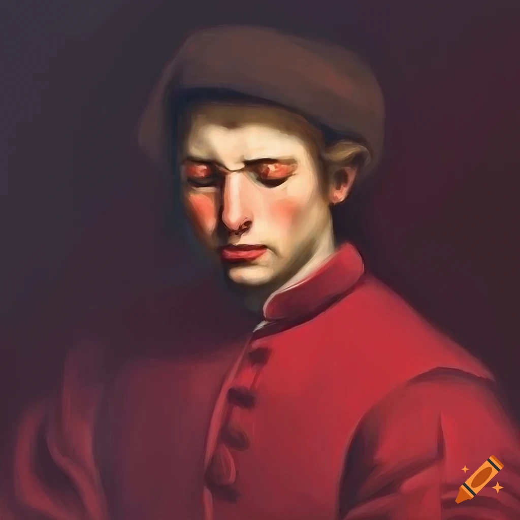 Renaissance painting of a young man crying on a dark red background on ...