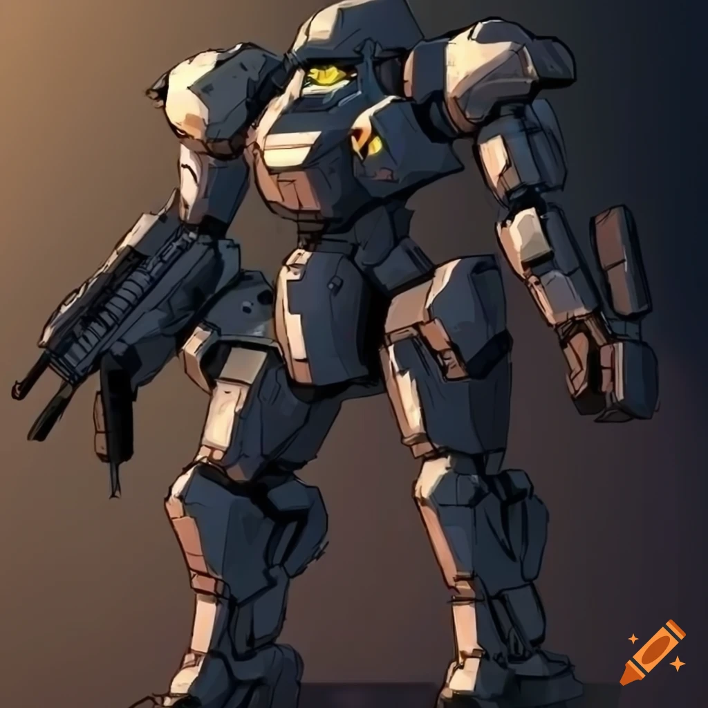 Military mecha with gunmetal color and bulky armor in anime style on ...