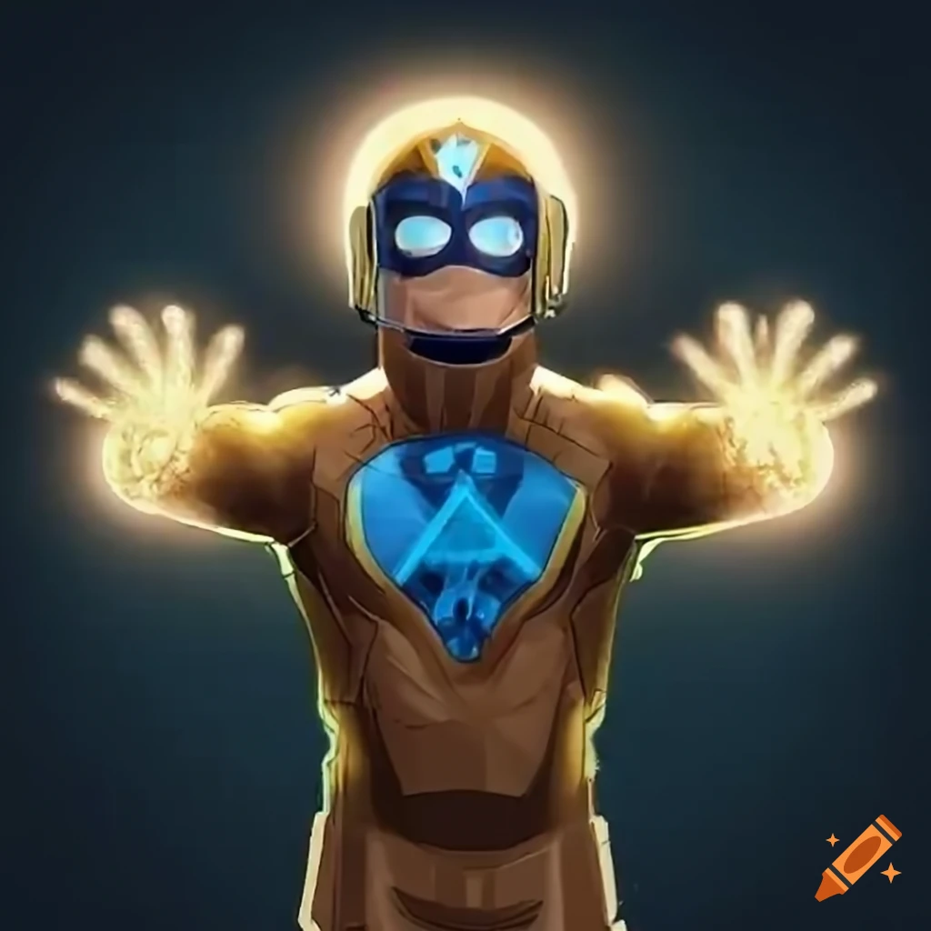 Flying superhero Captain Iodine shooting beams from his hands in an ...