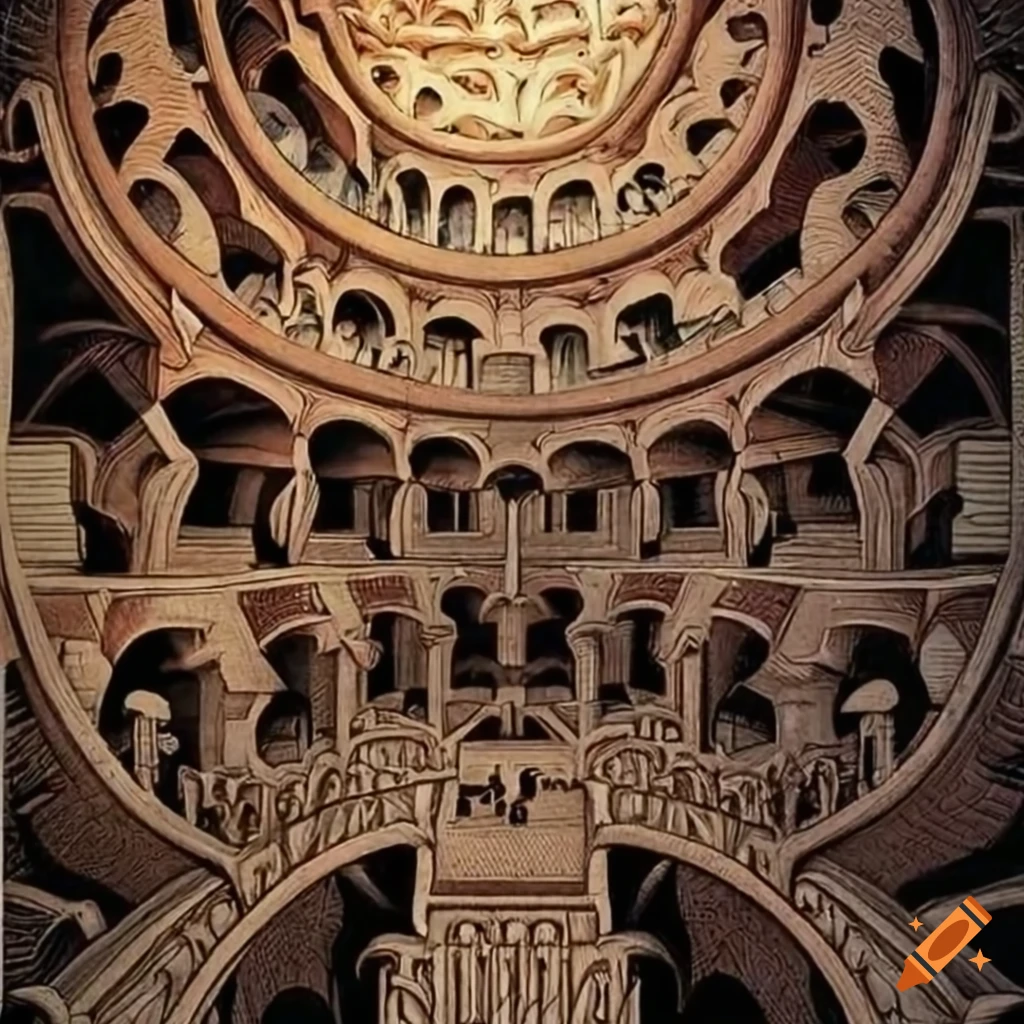 Intricate Escher-designed labyrinth mural by M.C. Escher on Craiyon