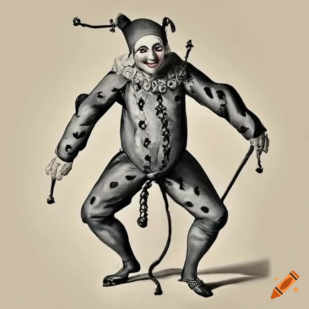 18th century style illustrated jester in black and white line art on ...