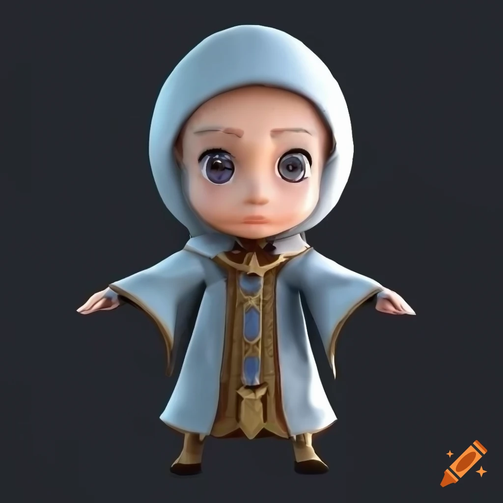 Elaborate 3D model of a regal chibi scholar in simple robes on Craiyon