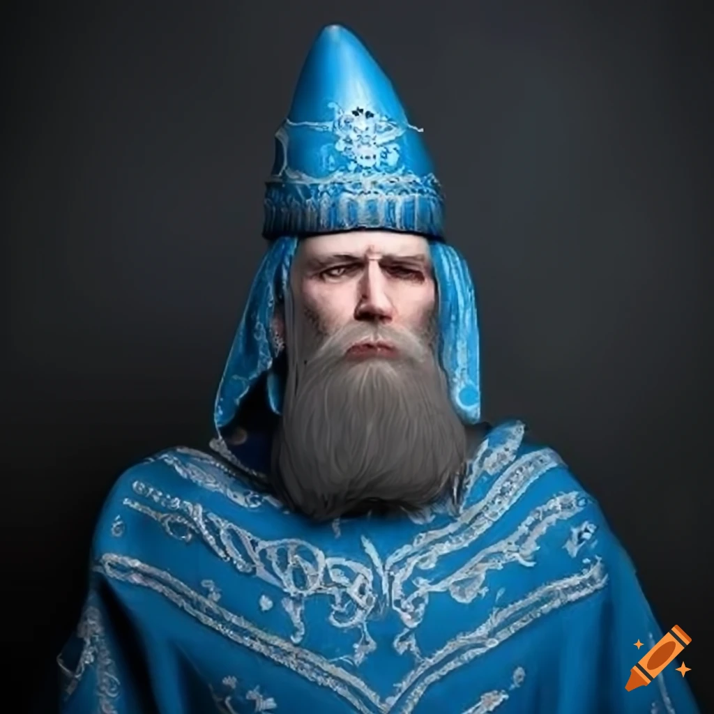 Face of an ancient male High Mage in blue robe of high office on Craiyon