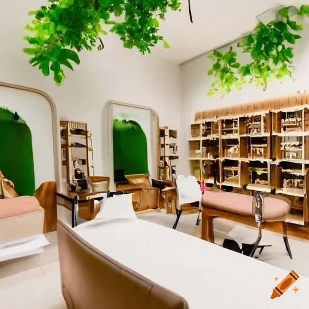Stylish hair salon in a lush garden with sophisticated interior design ...