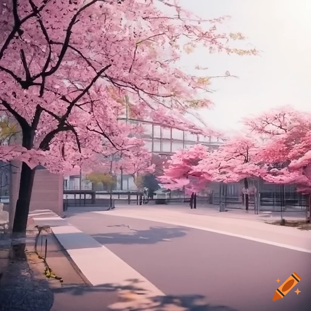 Japanese school yard in spring with sakura blossoms under sunny weather ...