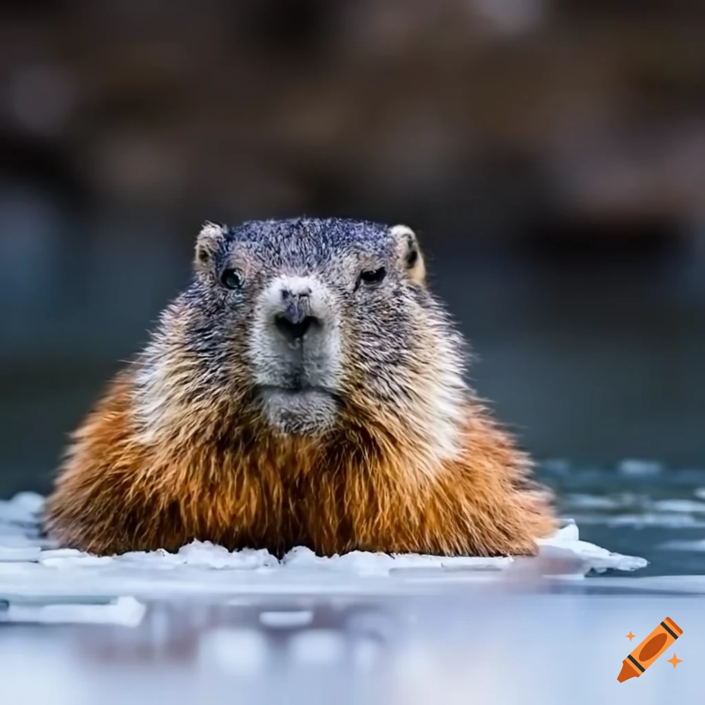 Marmot bathing in ice hole in winter landscape on Craiyon