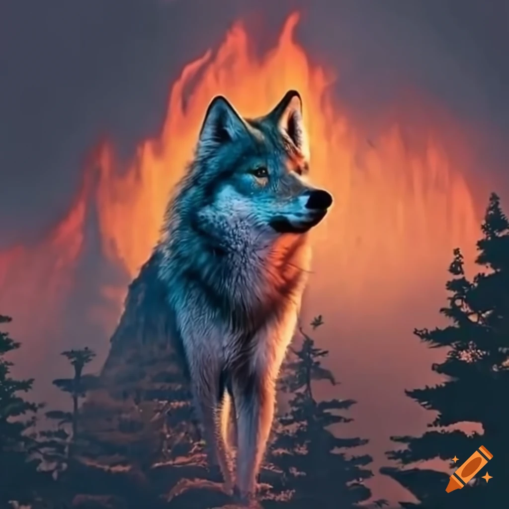 Wolf spitting volcanic smoke in a forest on Craiyon