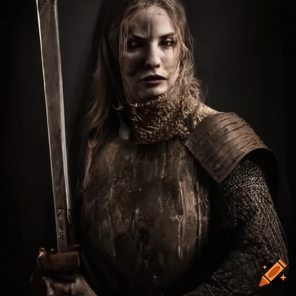 Woman warrior in medieval armor with a rusty sword on Craiyon