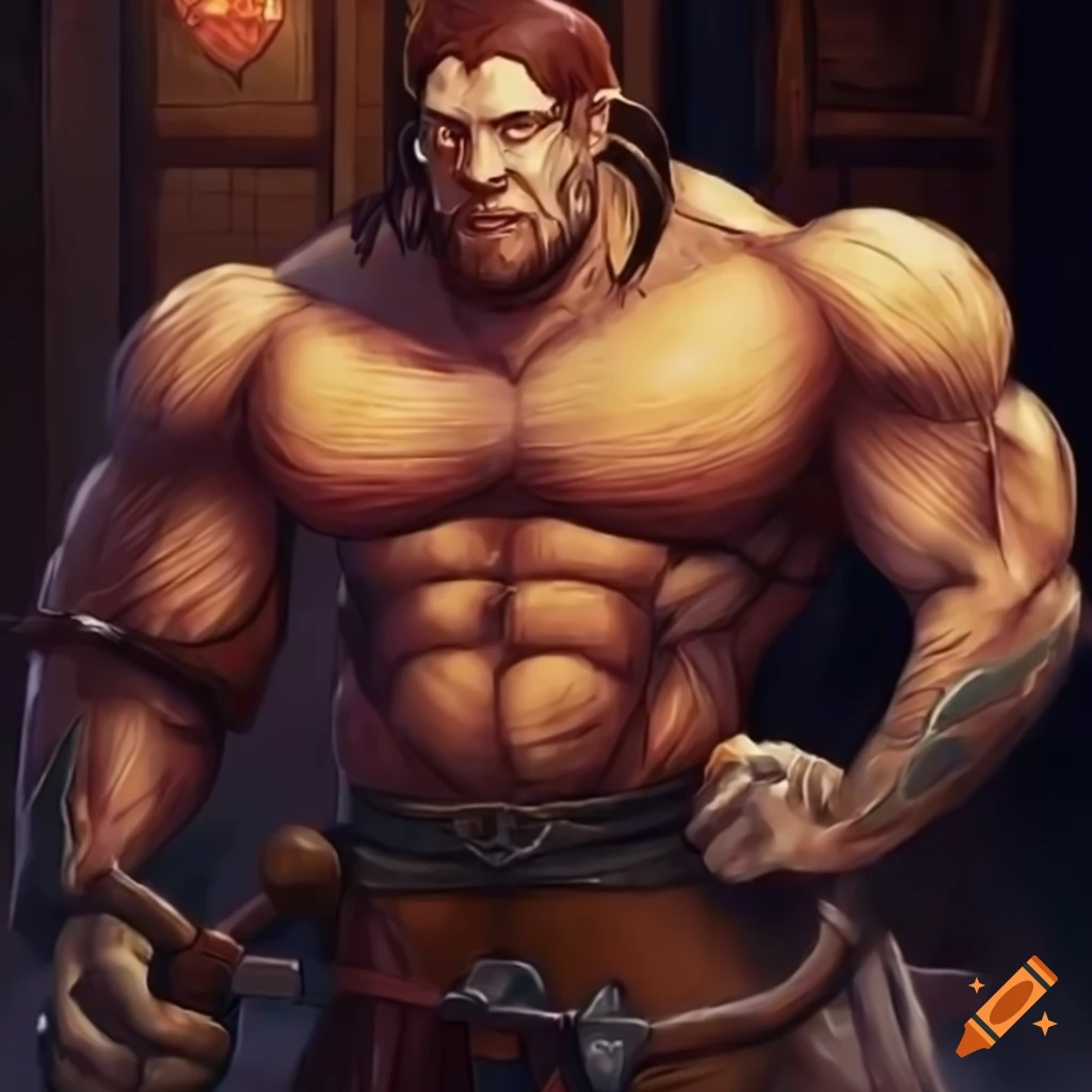 Burly blacksmith with huge muscles in a d&d style on Craiyon