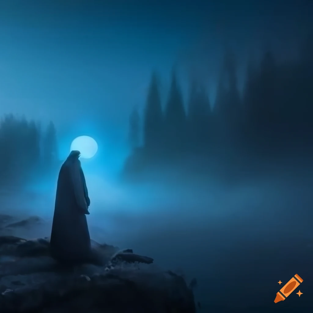 Cyberpunk fire and ice monk in ethereal moonlit landscape on Craiyon