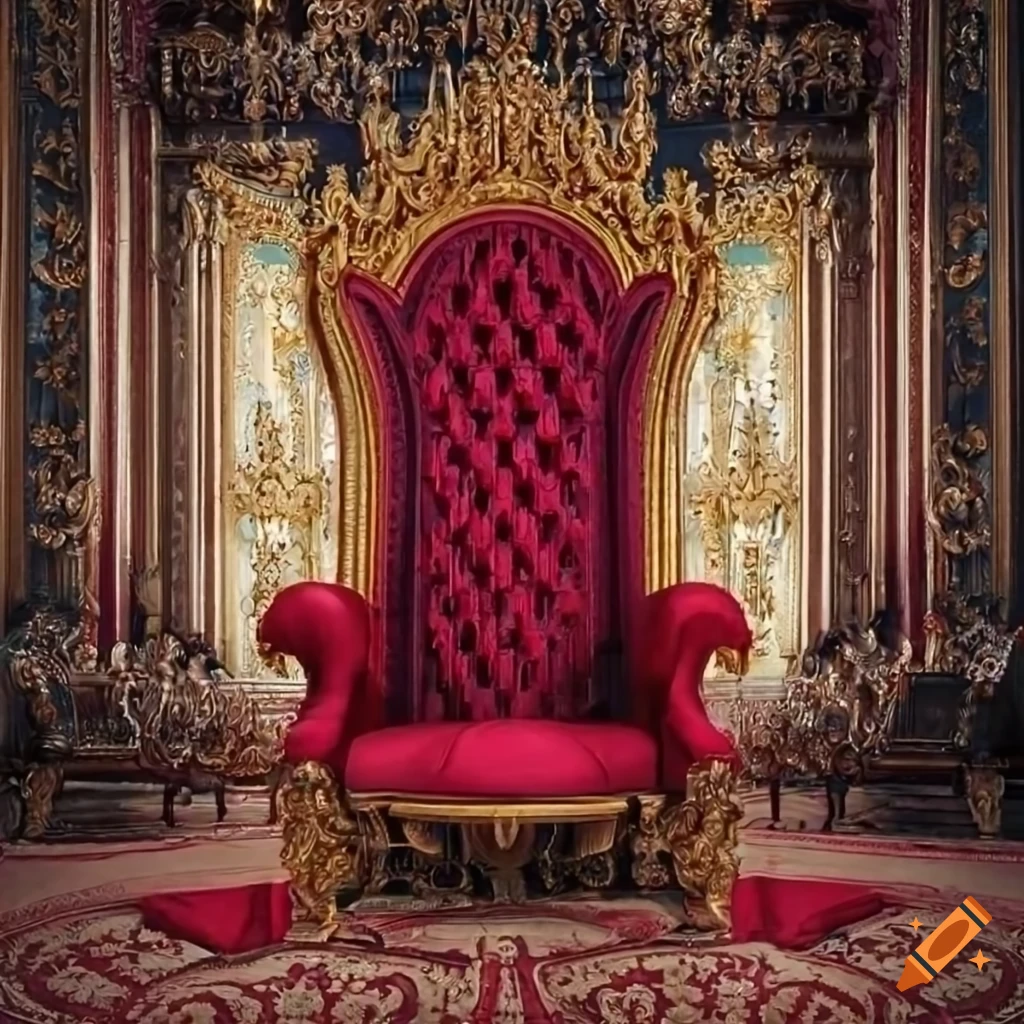 Intricately decorated ruby throne room with a royal throne at the center on Craiyon