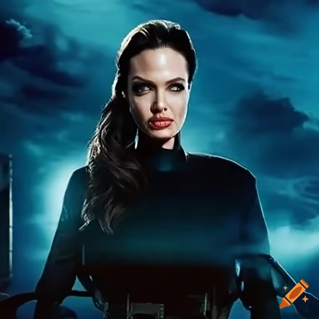 Angelina jolie in action in a movie scene on Craiyon