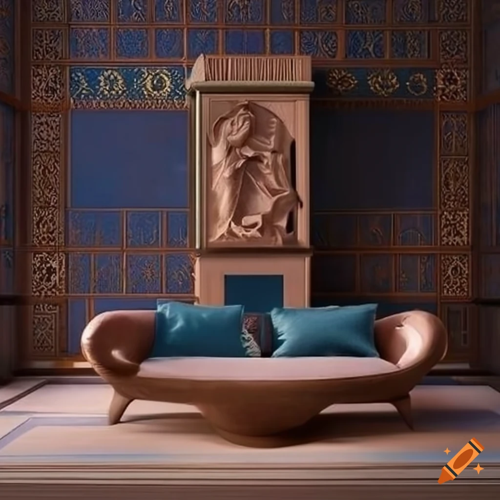 Modern living room with Ishtar Gate elements on Craiyon