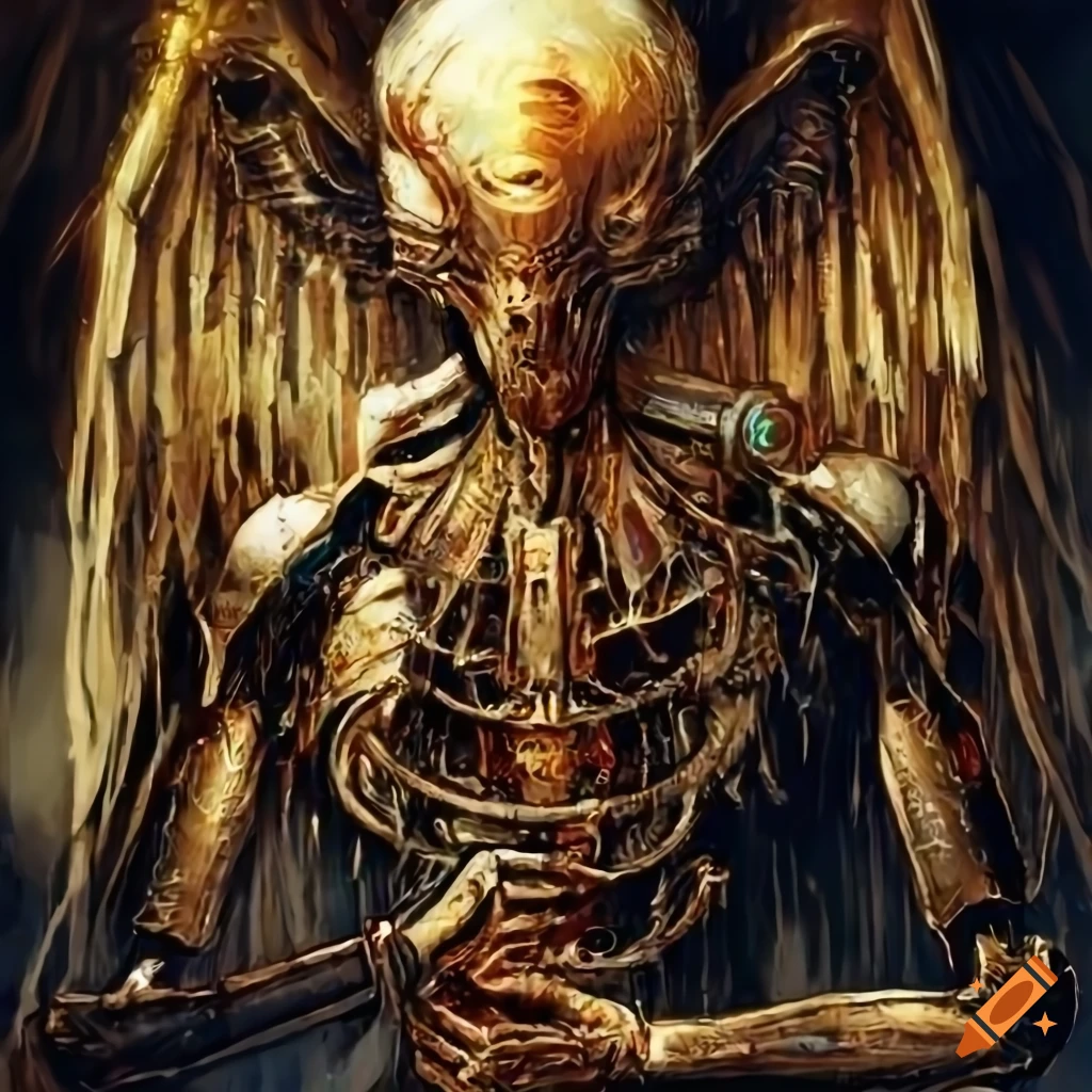 Renaissance painting of a cyberpunk robot god with wings on Craiyon