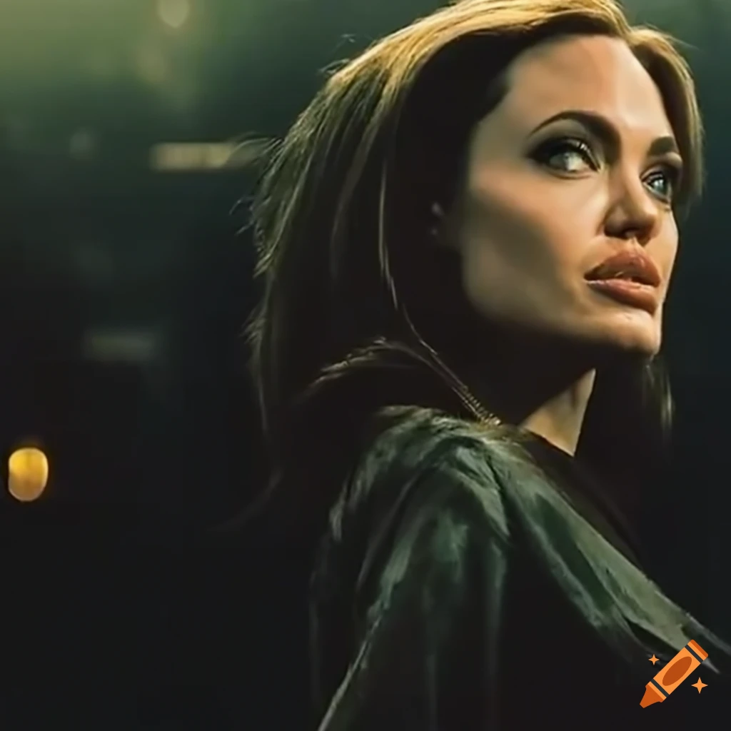 Action scene with angelina jolie in a bladerunner-like movie setting on Craiyon