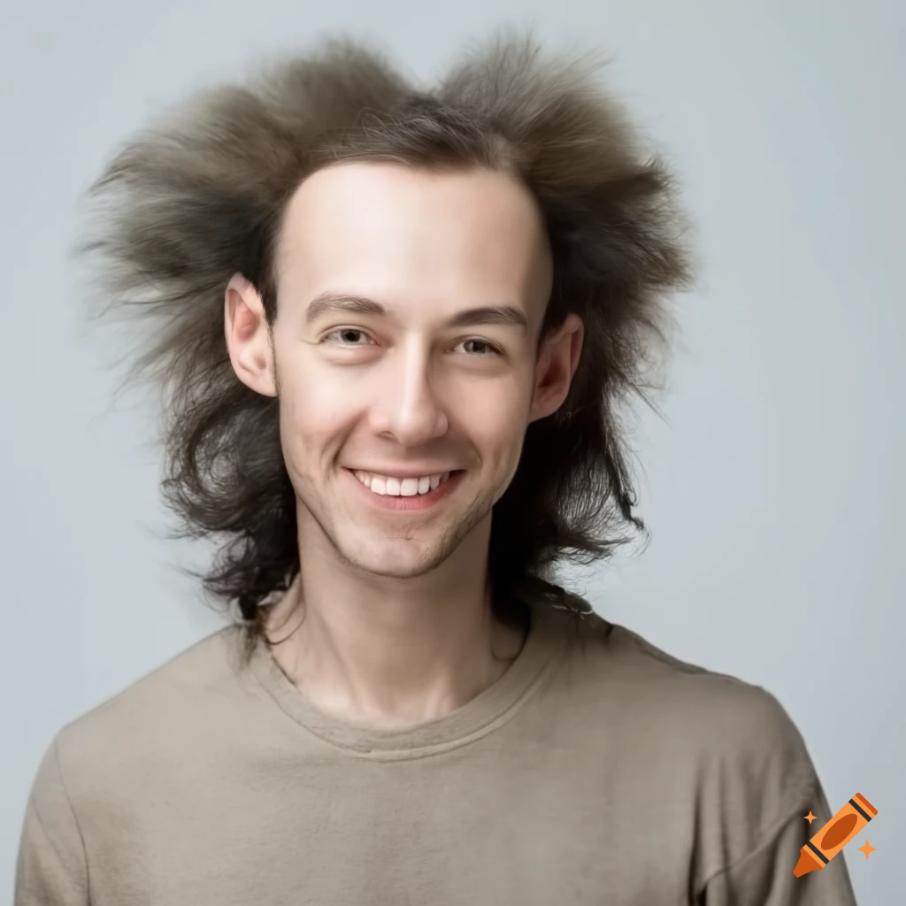 Man with sheep's hair smiling on a light gray background on Craiyon