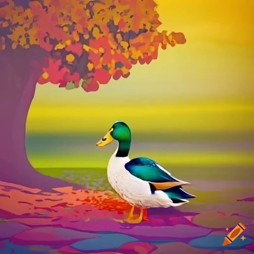 Duck sitting under a colorful tree in a landscape on Craiyon