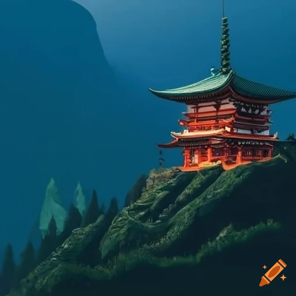 Japanese temple on a mountain slope on Craiyon