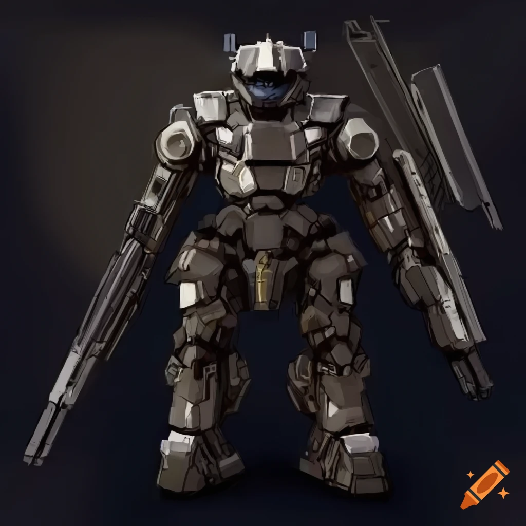 Military mecha with gunmetal color and bulky armor in anime style on ...