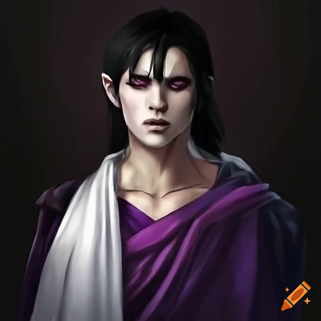 Young male half-vampire with purple eyes and black hair in a greek ...