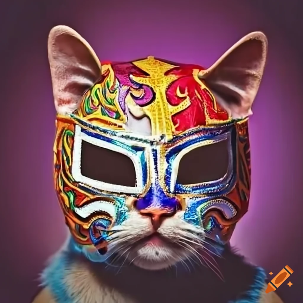 Playful cat in a colorful luchadore mask on Craiyon