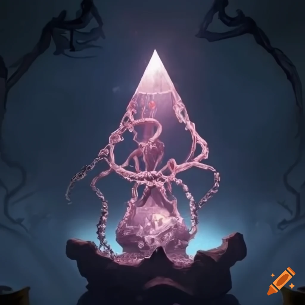 Haunting chaos pyramid with tentacles and floating crystal on Craiyon