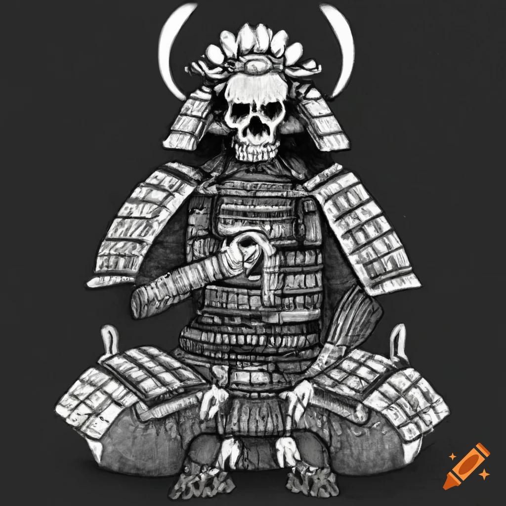 Ink sketch of a samurai skull in samurai armor on Craiyon