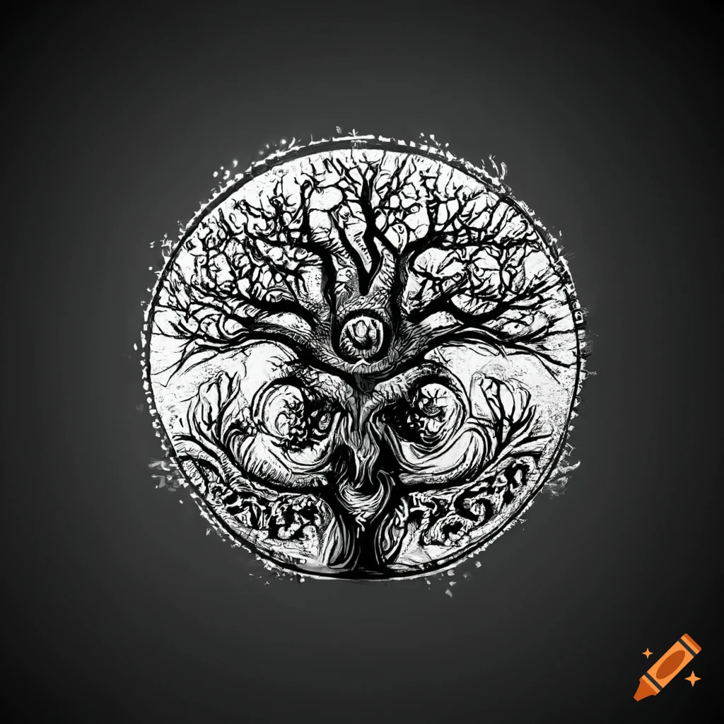 Detailed black and white d&d logo inspired by moon and slavic tree of ...